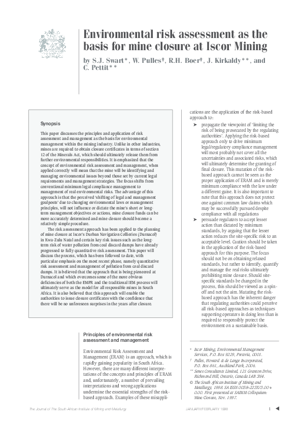 (PDF) Environmental risk assessment as the basis for mine closure at ...