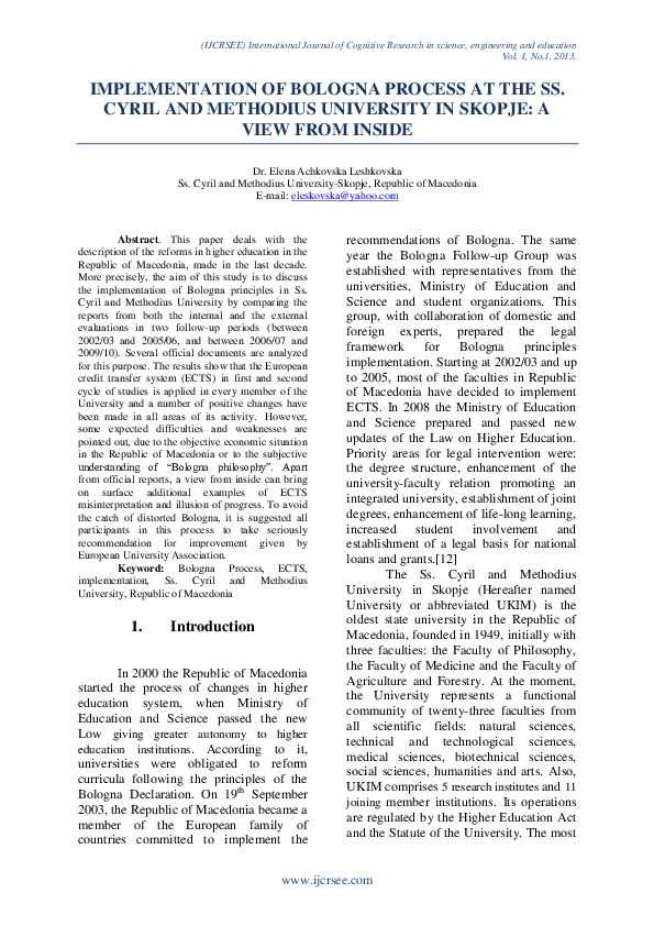 (PDF) IMPLEMENTATION OF BOLOGNA PROCESS AT THE SS. CYRIL AND METHODIUS ...