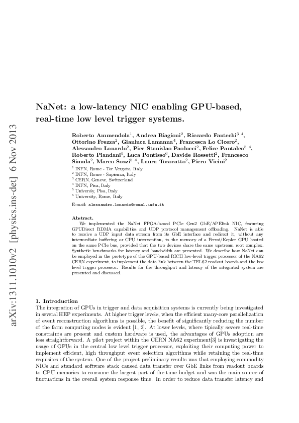 (PDF) NaNet:a low-latency NIC enabling GPU-based, real-time low level trigger systems