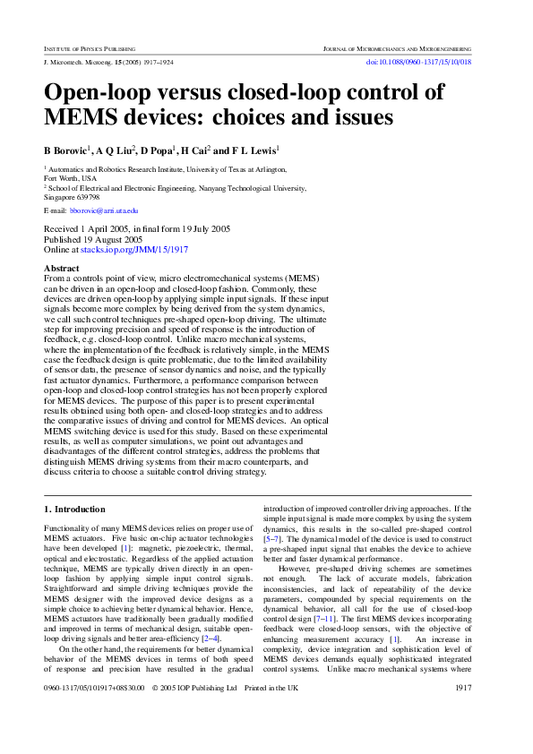 Pdf Open Loop Versus Closed Loop Control Of Mems Devices Choices And