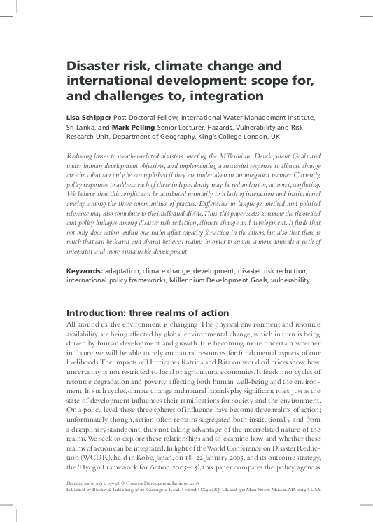 (PDF) Disaster Risk, Climate Change and International Development ...