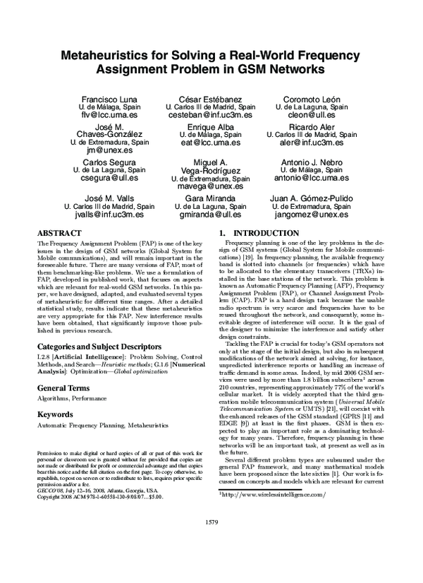 (PDF) Metaheuristics for solving a real-world frequency assignment problem in GSM networks