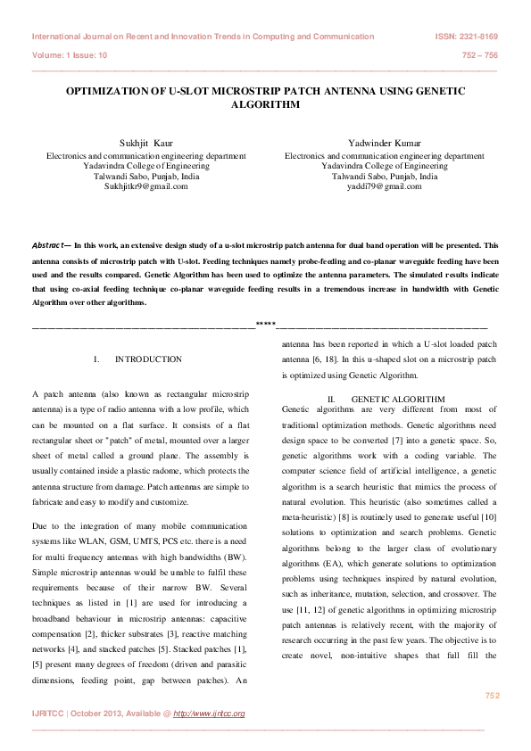 (PDF) OPTIMIZATION OF U-SLOT MICROSTRIP PATCH ANTENNA USING GENETIC ALGORITHM