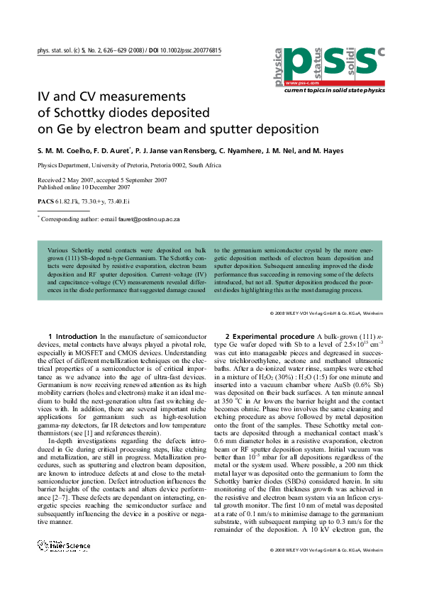 (PDF) IV and CV measurements of Schottky diodes deposited on Ge by ...