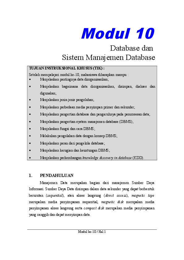 (DOC) Modul 10 Database dan Sistem Manajemen Database