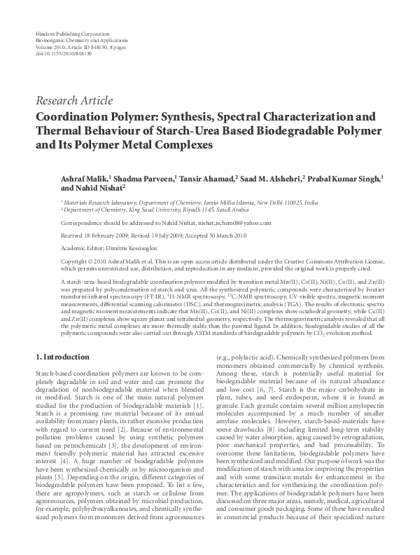 (PDF) Coordination Polymer: Synthesis, Spectral Characterization and Thermal Behaviour of Starch ...