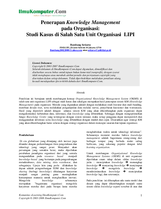 (PDF) Penerapan Knowledge Management pada Organisasi: Studi Kasus di ...