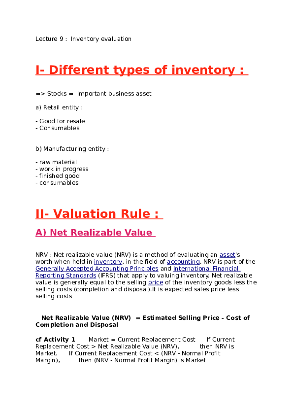 I-Different types of inventory : II-Valuation Rule : A) Net Realizable ...