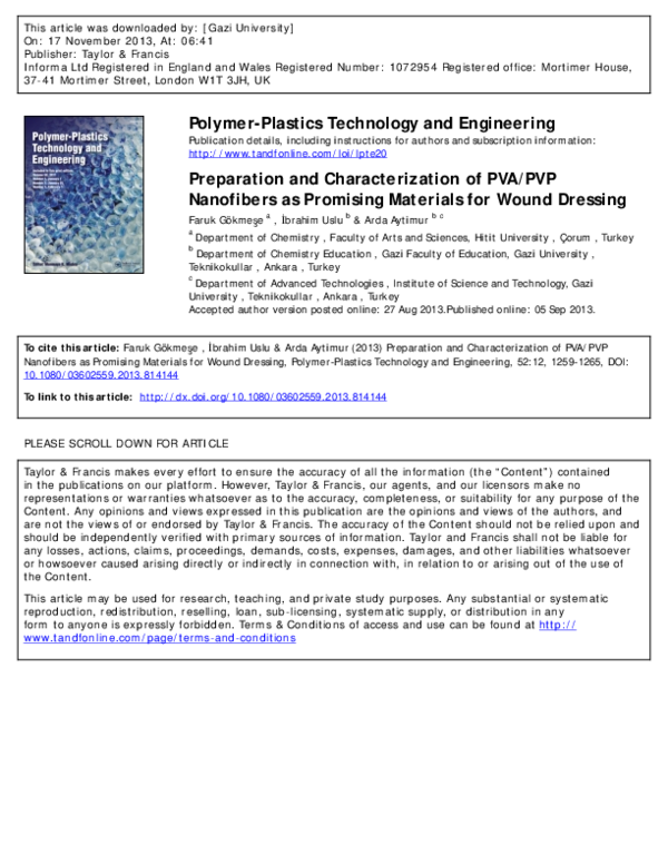 (PDF) Preparation and Characterization of PVA/PVP Nanoﬁbers as ...