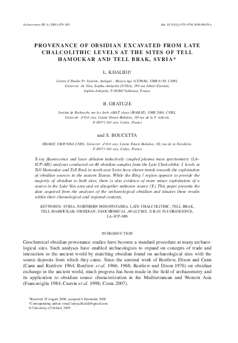 (PDF) PROVENANCE OF OBSIDIAN EXCAVATED FROM LATE CHALCOLITHIC LEVELS AT ...