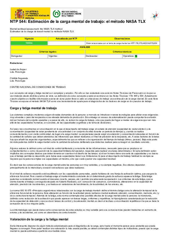 (PDF) NTP 544: Estimación de la carga mental de trabajo: el método NASA TLX