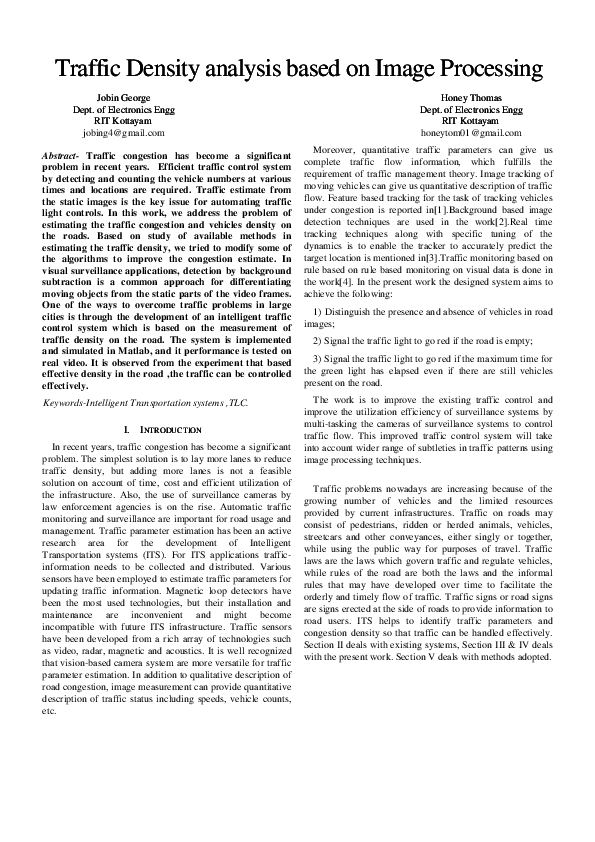 (PDF) Traffic Density analysis based on Image Processing