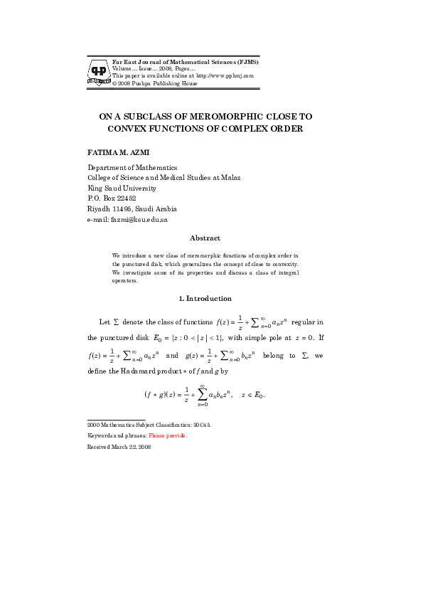 Pdf On A Subclass Of Meromorphic Close To Convex Functions Of Complex