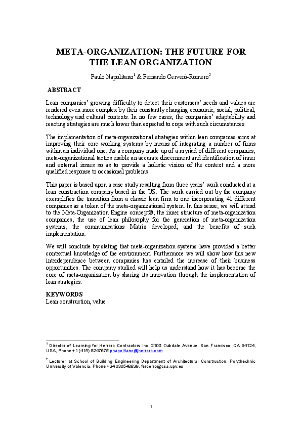 (PDF) META-ORGANIZATION: THE FUTURE FOR THE LEAN ORGANIZATION