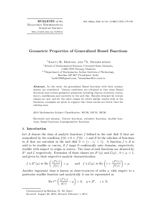 Pdf Geometric Properties Of Generalized Bessel Functions