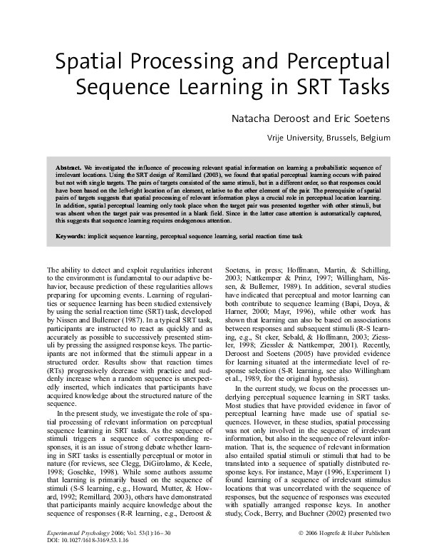Pdf Spatial Processing And Perceptual Sequence Learning In Srt Tasks
