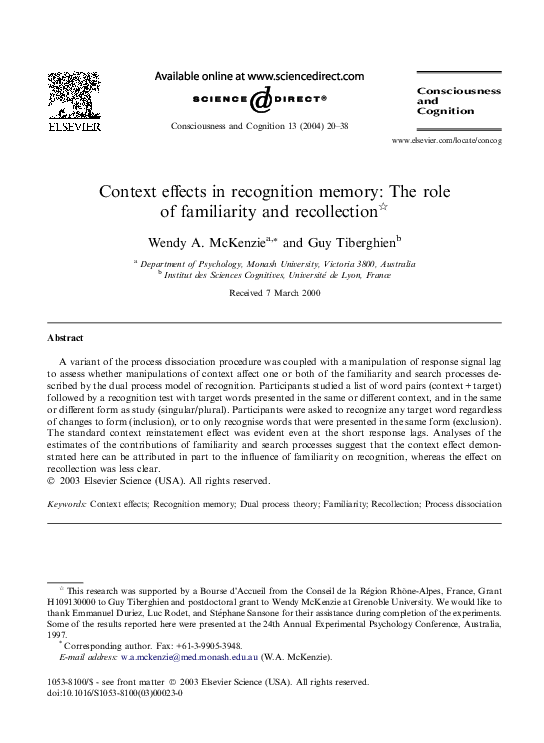 (PDF) Context effects in recognition memory: The role of familiarity and recollection