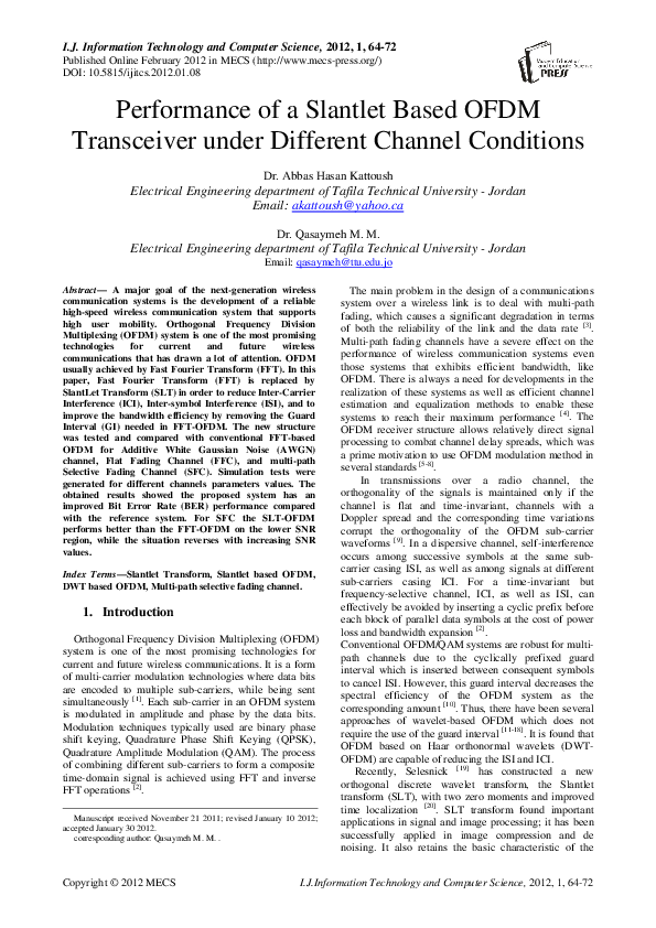 (PDF) Performance of a Slantlet Based OFDM Transceiver under Different Channel Conditions