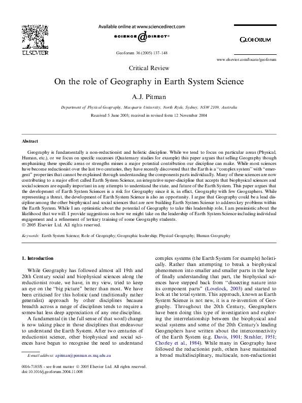 (PDF) Critical Review On the role of Geography in Earth System Science