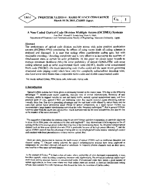 Pdf A New Coded Optical Code Division Multiple Access Ocdma Systems