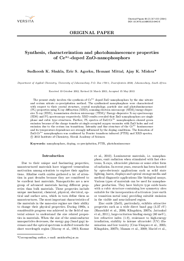 (PDF) Synthesis, characterization and photoluminescence properties of ... (PDF) Synthesis, characterization and photoluminescence properties of ...