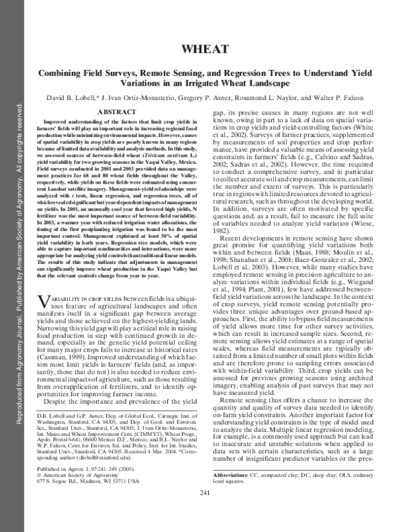 Pdf Combining Field Surveys Remote Sensing And Regression Trees To Understand Yield