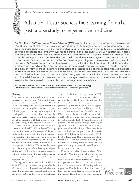 (PDF) Advanced Tissues Sciences Case Study and its Lessons