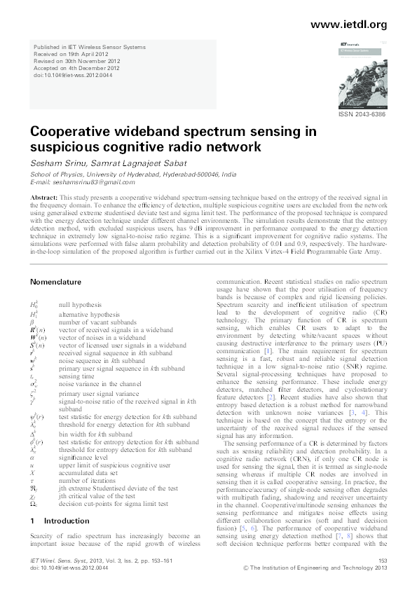 Pdf Cooperative Wideband Spectrum Sensing In Suspicious Cognitive Radio Network