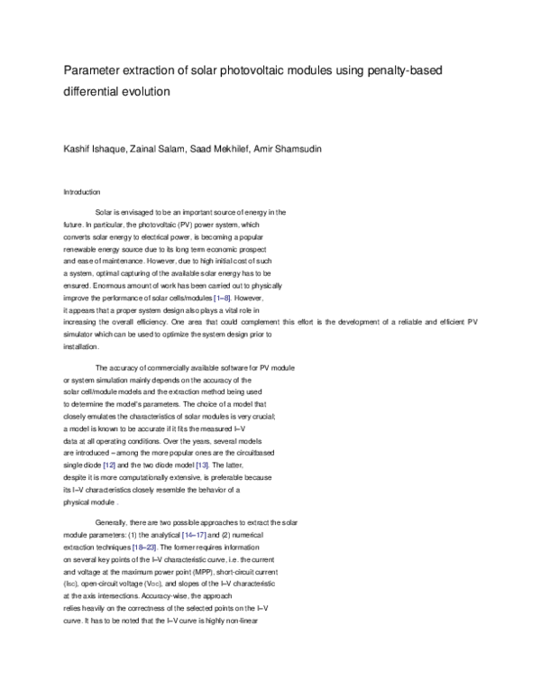 Pdf Parameter Extraction Of Solar Photovoltaic Modules Using Penalty Based Differential Evolution