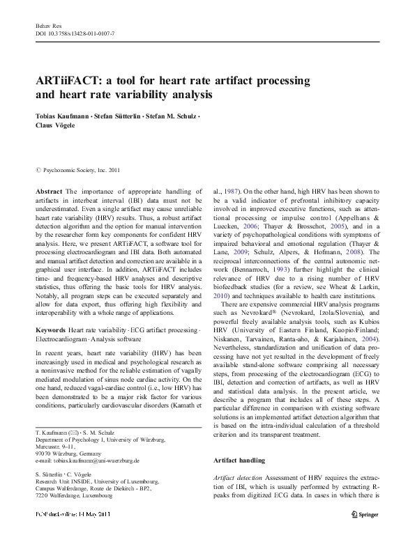 Pdf Artiifact A Tool For Heart Rate Artifact Processingand Heart Rate Variability Analysis
