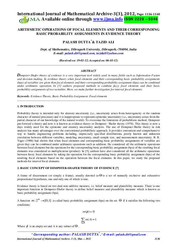 (PDF) ARITHMETIC OPERATIONS OF FOCAL ELEMENTS AND THEIR CORRESPONDING BASIC PROBABILITY ...