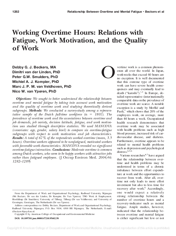 (PDF) Working overtime hours: relations with fatigue, work motivation ...