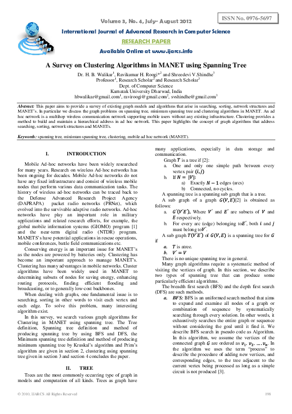 Pdf A Survey On Clustering Algorithms In Manet Using Spanning Tree