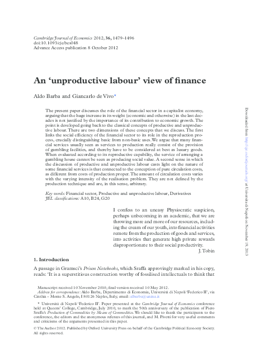 (PDF) An 'unproductive labour' view of finance
