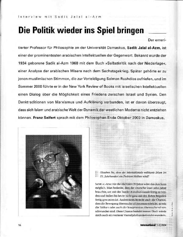 (PDF) Interview mit Sadik Jalal al-Azm "Die Politik wieder ins Spiel ...