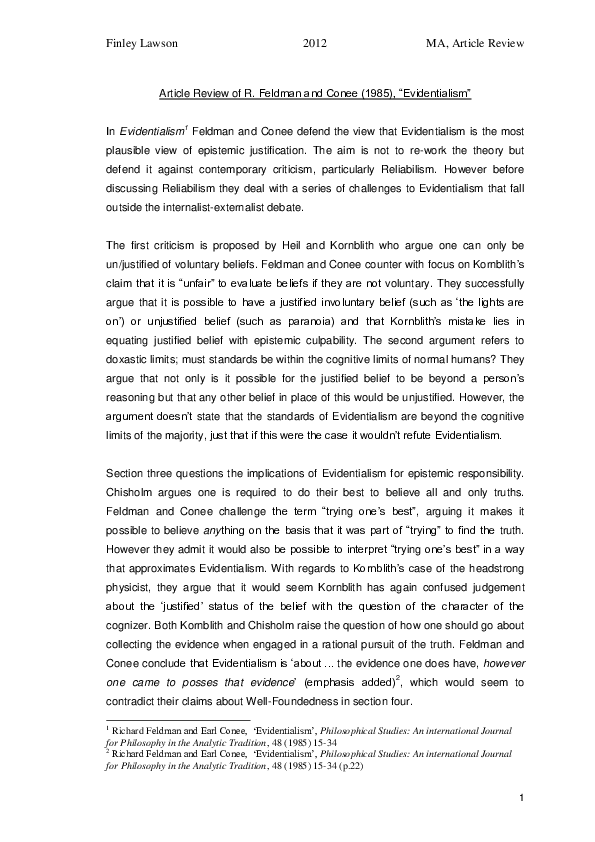 (PDF) Article Review of Feldman & Conee 'Evidentialism'