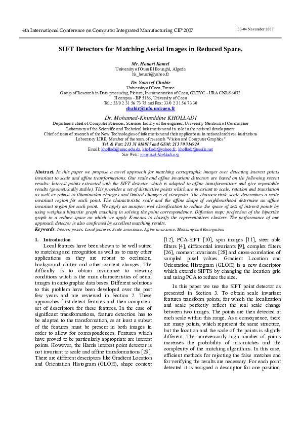 (PDF) SIFT Detectors for Matching Aerial Images in Reduced Space