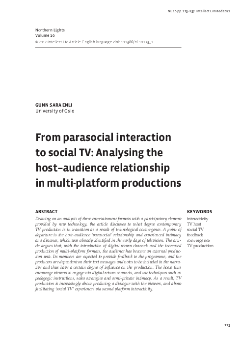 (PDF) From parasocial interaction to social TV: Analysing the host ...