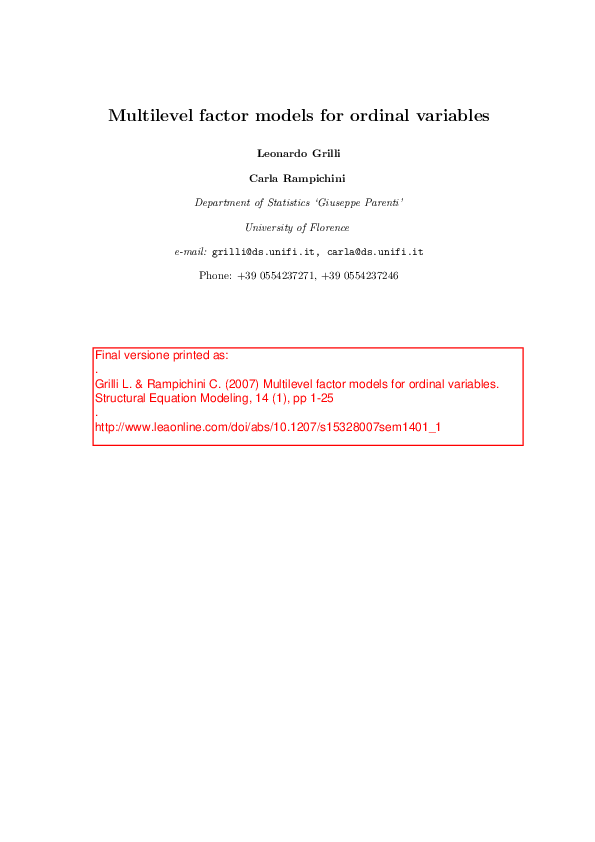 Pdf Grilli L And Rampichini C 2007 Multilevel Factor Models For Ordinal Variables