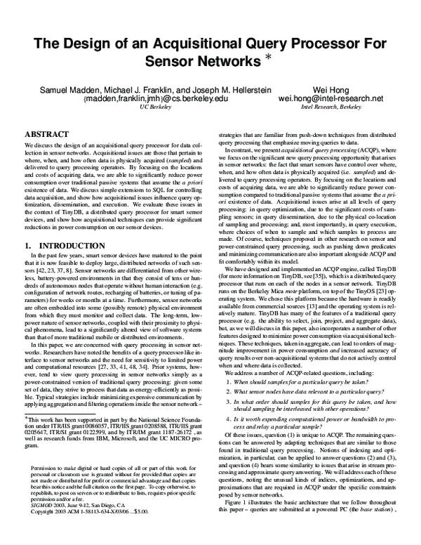 Pdf The Design Of An Acquisitional Query Processor For Sensor Networks