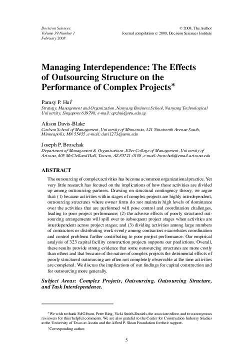 (PDF) Managing Interdependence: The Effects of Outsourcing Structure on ...