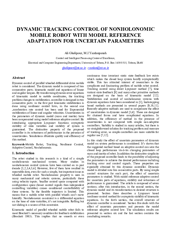 Pdf Dynamic Tracking Control Of Nonholonomic Mobile Robot With Model Reference Adaptation For