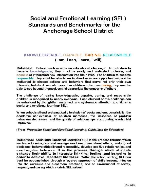(PDF) Social and Emotional Learning (SEL) Standards and Benchmarks for ...