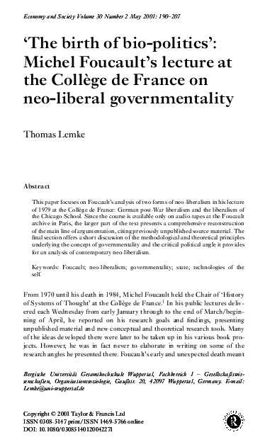 (PDF) 'The birth of bio-politics': Michel Foucault's lecture at the ...