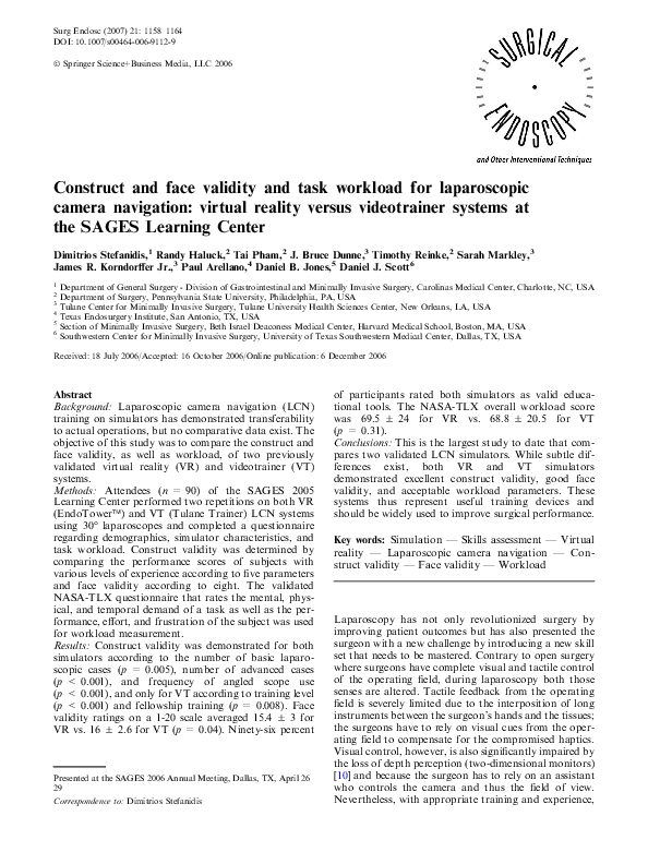 (PDF) Construct and face validity and task workload for laparoscopic camera navigation: virtual ...