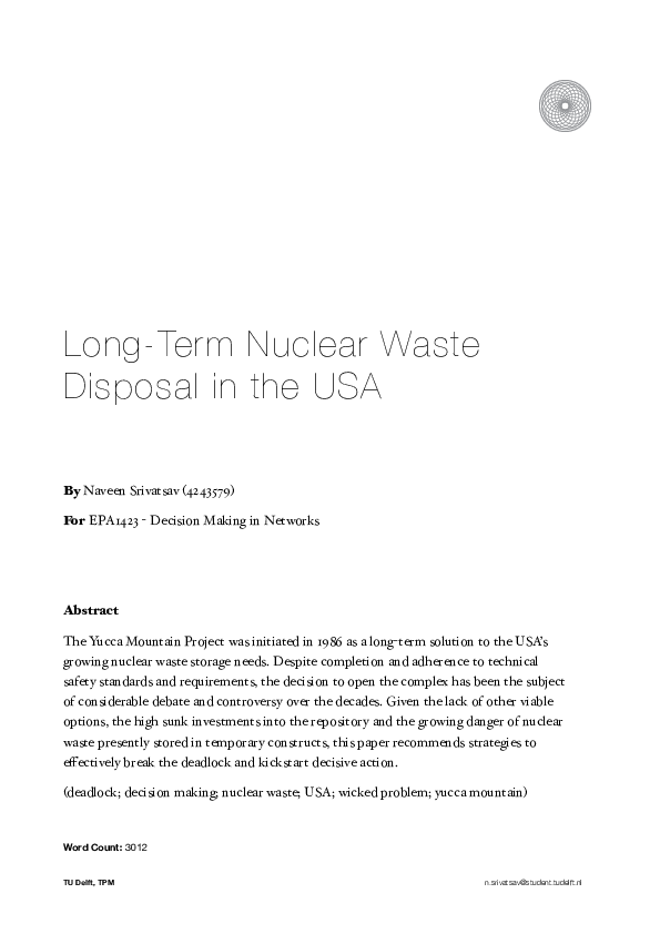 (PDF) Long-Term Nuclear Waste Disposal in the USA