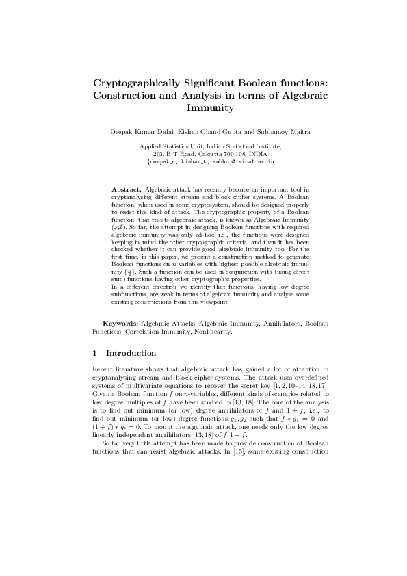 Pdf Cryptographically Significant Boolean Functions Construction And Analysis In Terms Of 