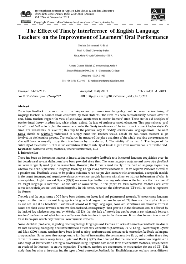 (PDF) The Effect of Timely Interference of English Language Teachers on ...
