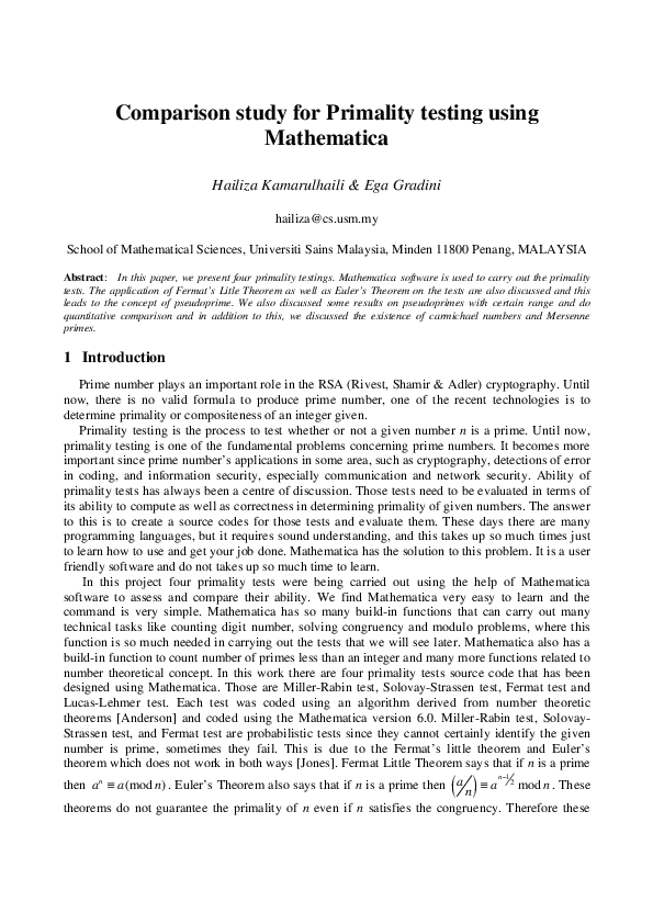 (PDF) Comparison study for Primality testing using Mathematica