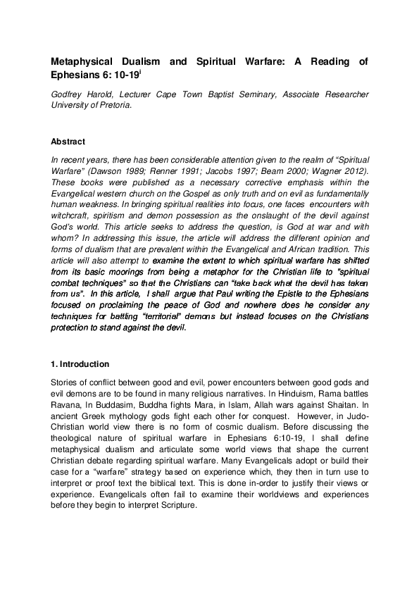 (DOC) Metaphysical Dualism and Spiritual Warfare